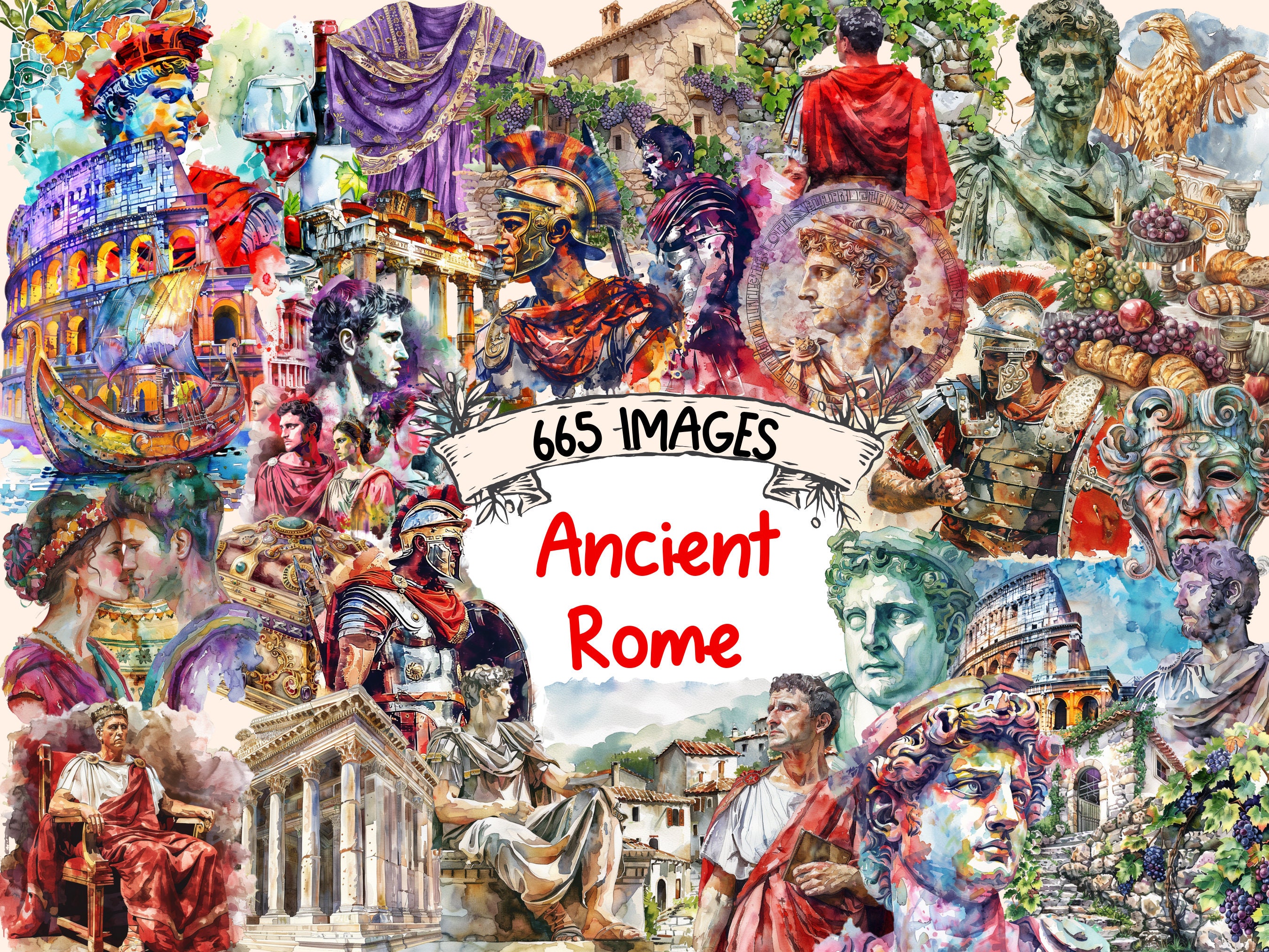 Ancient Rome Watercolor Clipart Bundle: 665 Roman Empire PNG Graphics ...