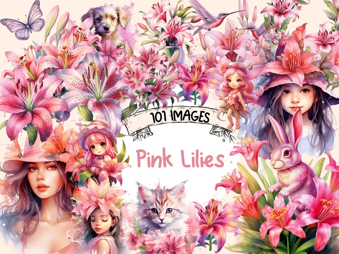Pink Lilies Watercolor Clipart Bundle - 101 PNG Lily Flower Images ...