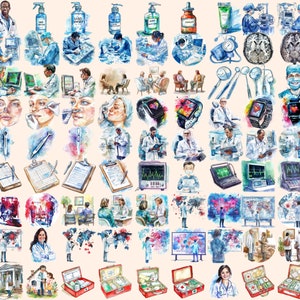 Watercolor Medical Clipart Bundle: 528 PNG Healthcare Graphics (digital ...
