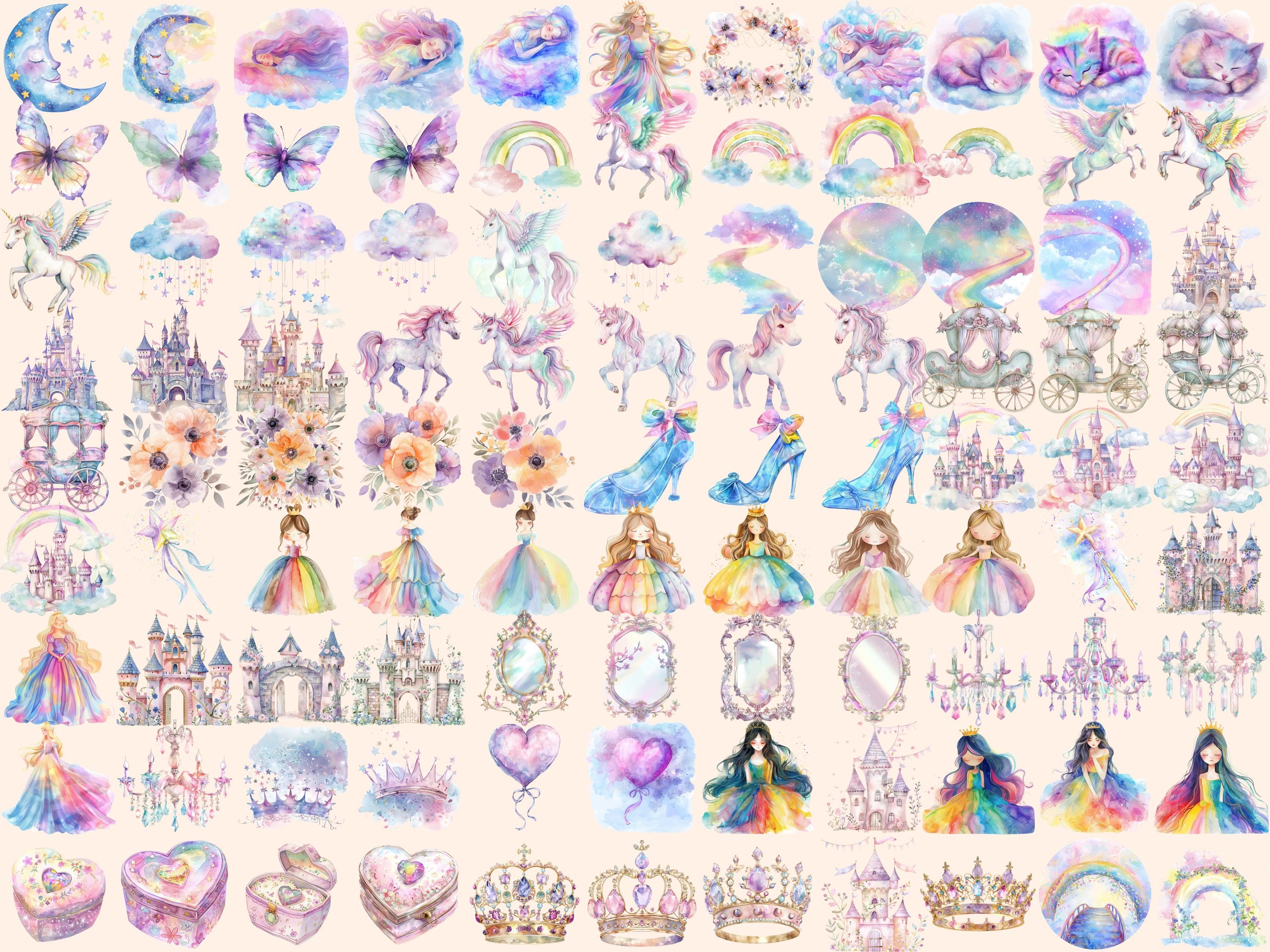 Rainbow Princess Watercolor Clipart Bundle: 228 Fairytale Graphics ...