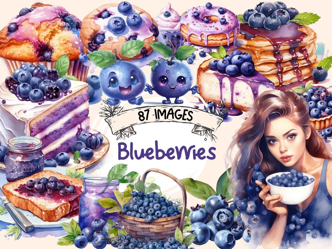 Blueberries Watercolor Clipart Bundle - 87 PNG Images of Refreshing ...