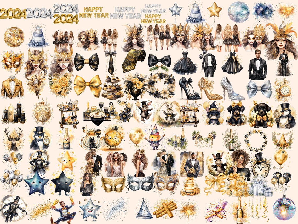New Year's 2024 Watercolor Clipart Bundle: 1330 PNG Festive Images ...