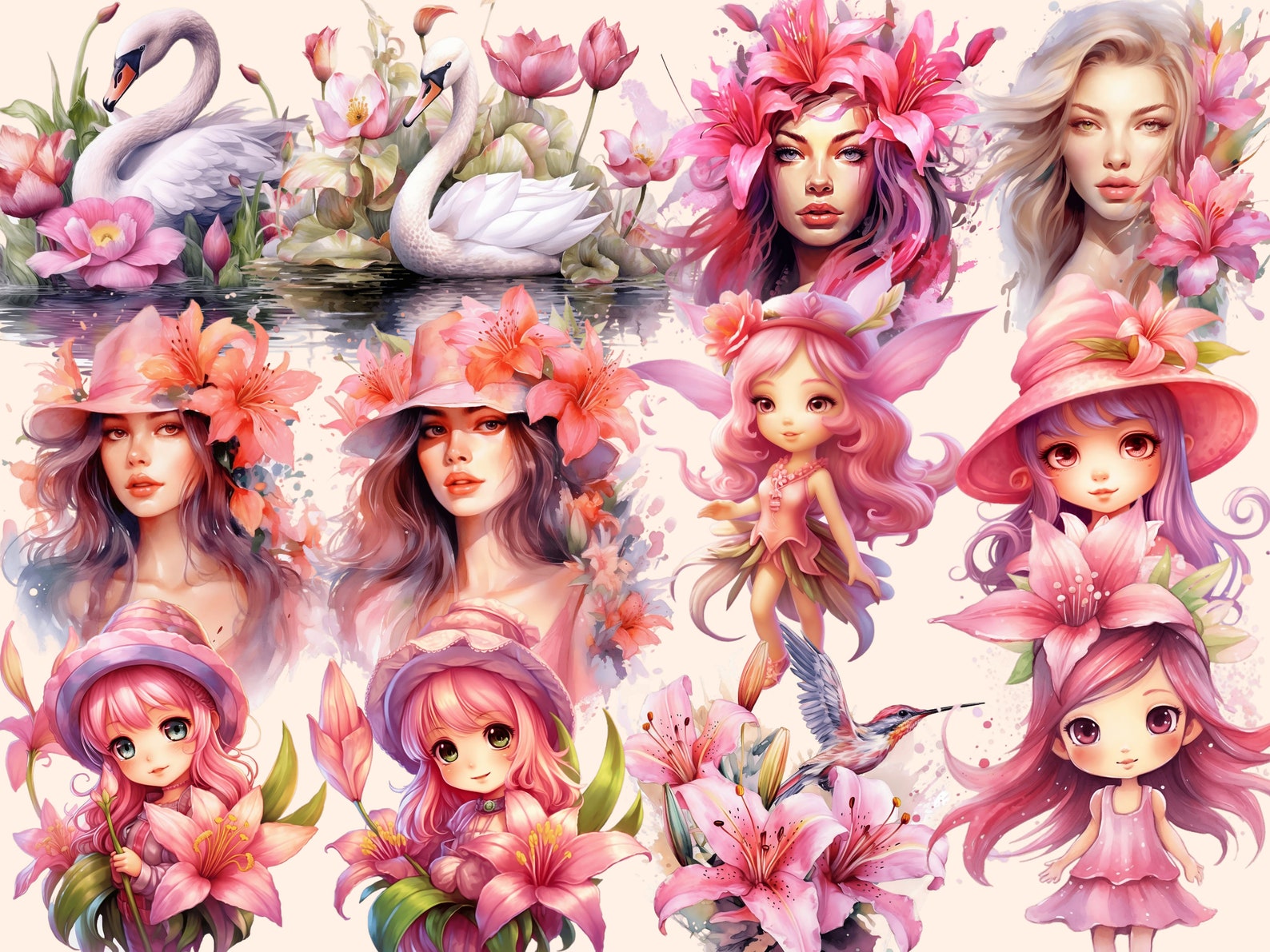 Pink Lilies Watercolor Clipart Bundle: 101 Floral PNG Images (digital ...
