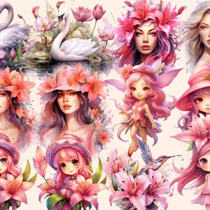 Pink Lilies Watercolor Clipart Bundle - 101 PNG Lily Flower Images ...