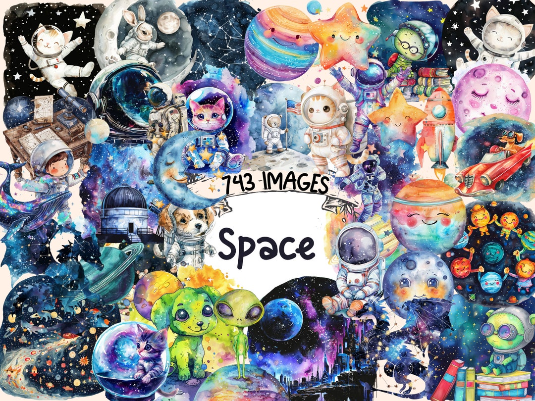 Watercolor Space Clipart Bundle: 743 Cosmic Galaxy PNG Images (digital ...