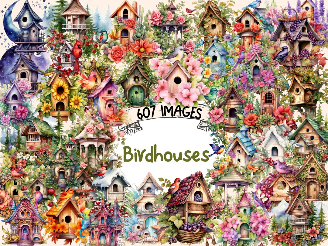 Birdhouses Watercolor Clipart Bundle - 607 PNG Birdhouse Images ...