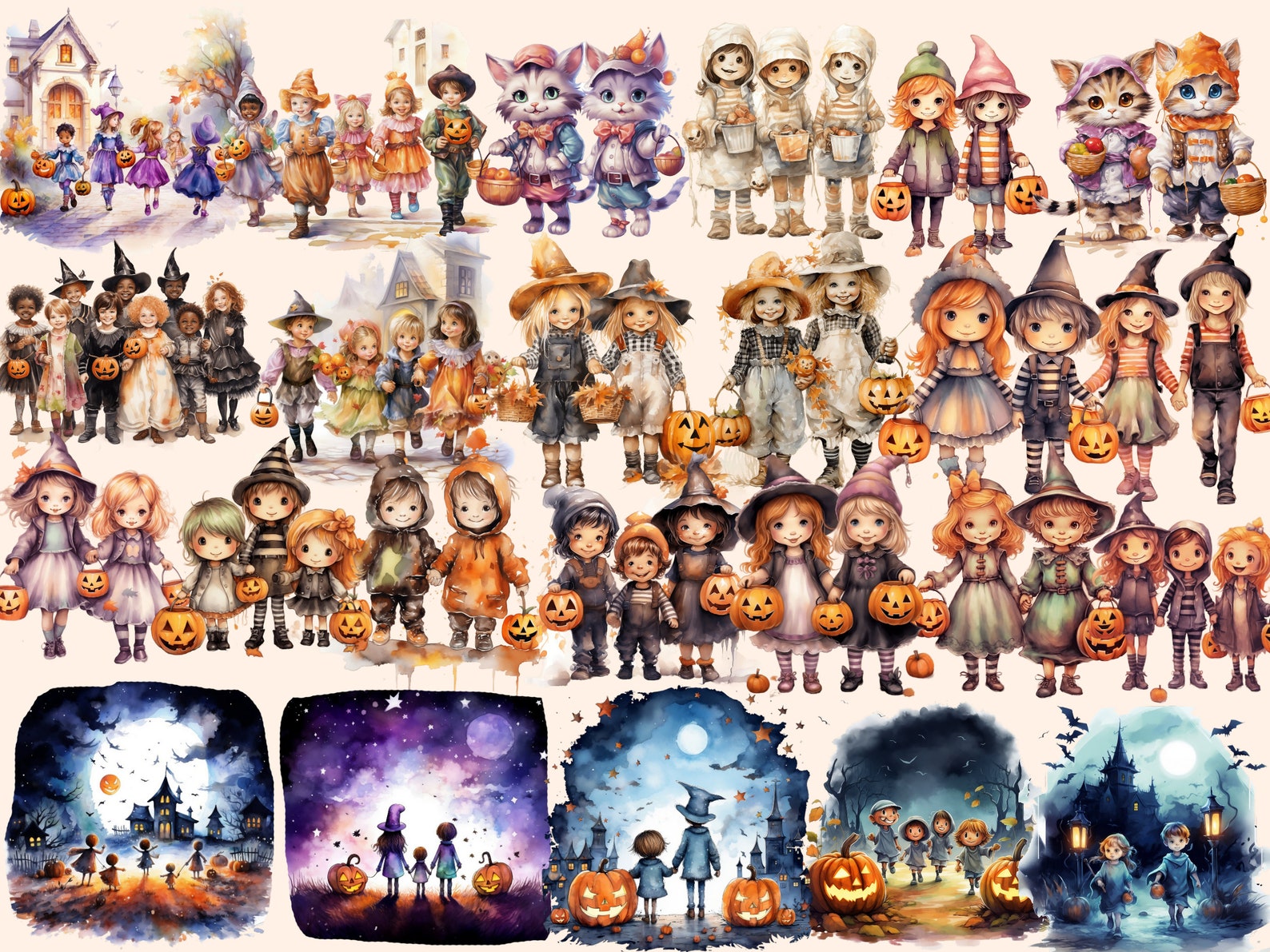 Watercolor Halloween Clipart Bundle: Trick or Treat Kids (217 PNG ...