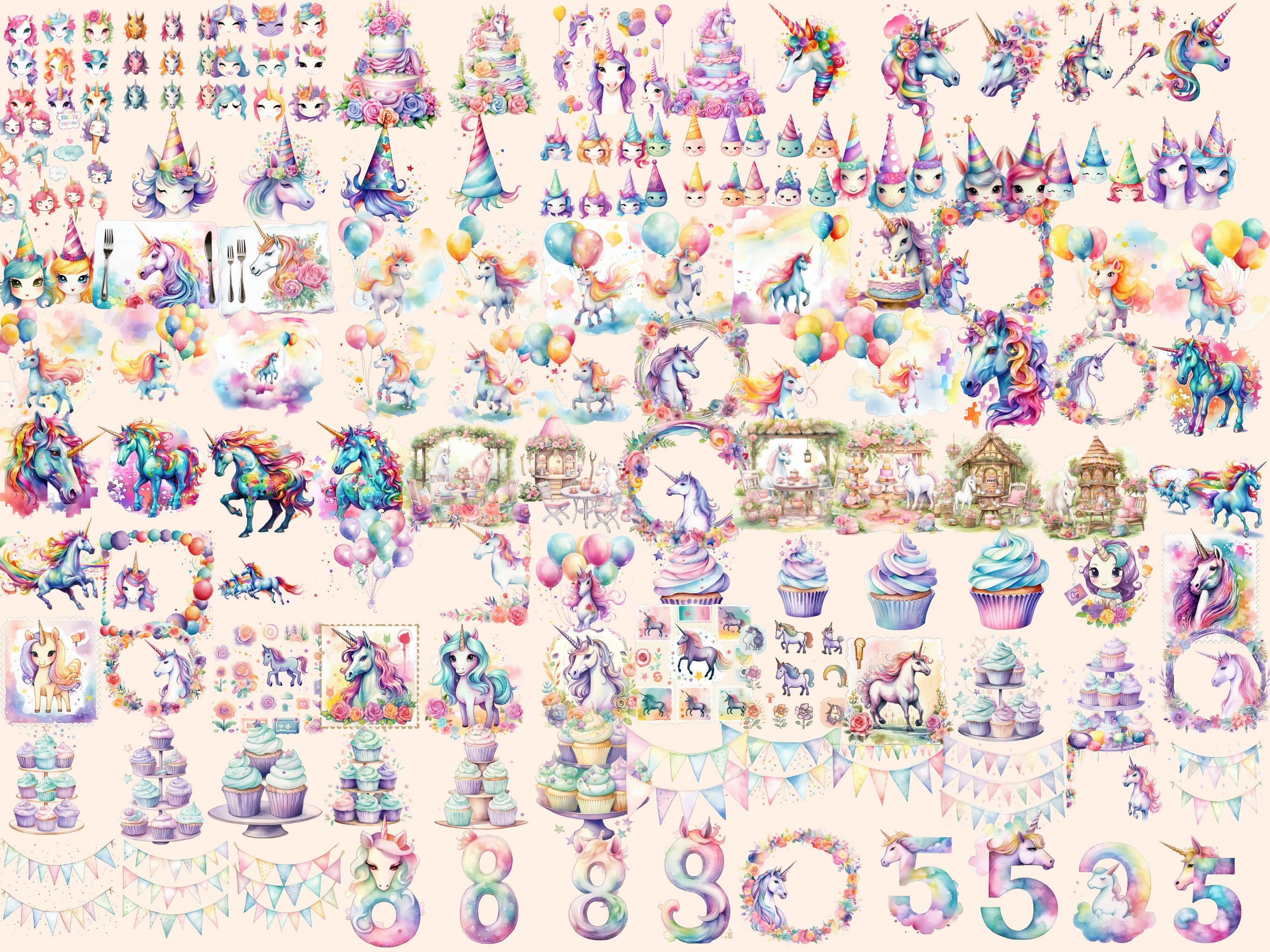 Unicorn Party Watercolor Clipart Bundle: 795 PNG Images (digital ...