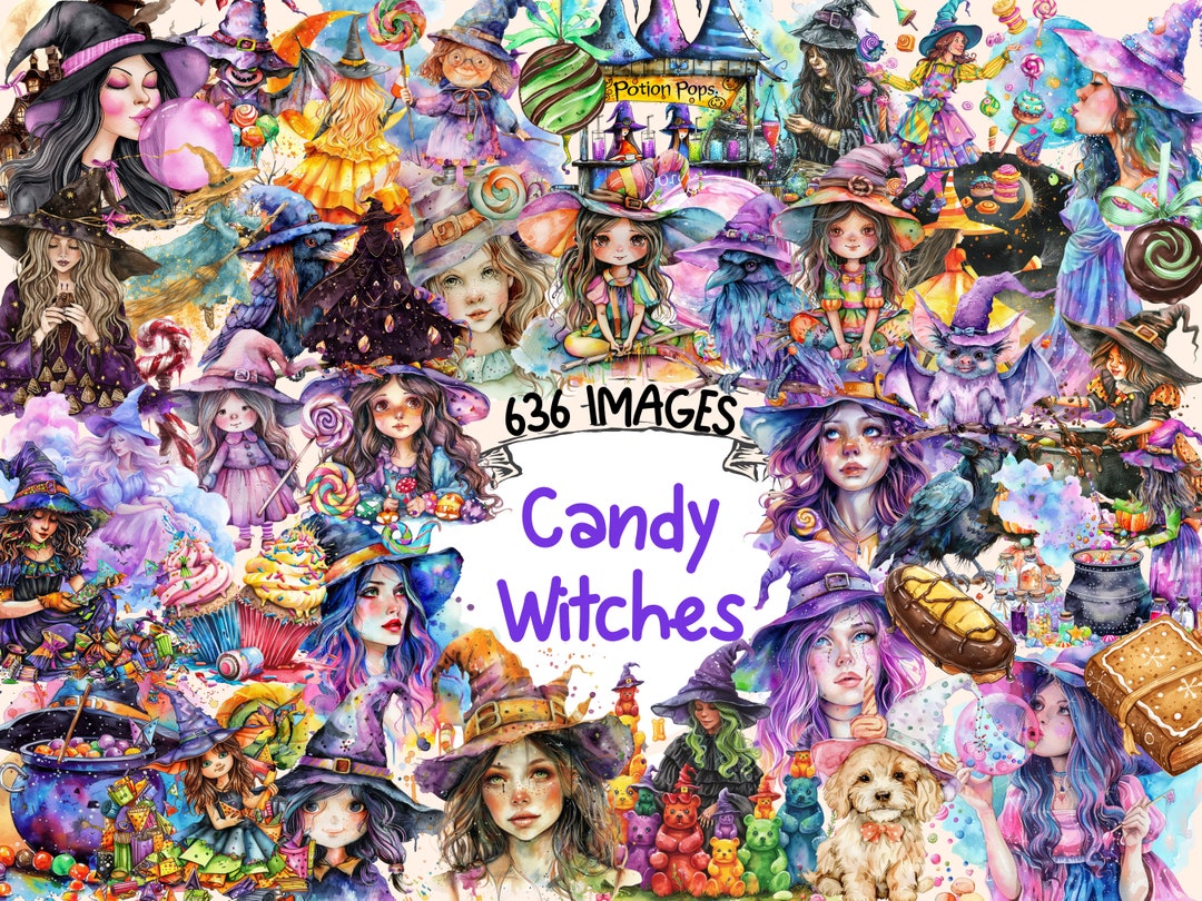 Candy Witches Watercolor Clipart Bundle - 636 PNG Sweet Witch Images ...