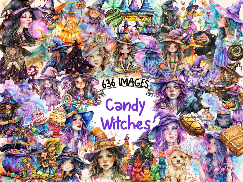 Candy Witches Watercolor Clipart Bundle: 636 PNG Halloween Sorceress ...