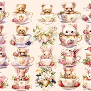 Strawberry Tea Watercolor Clipart Bundle - 123 PNG Cute Teacup Images ...