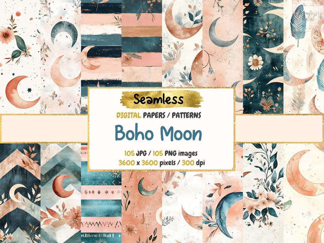 Boho Moon Digital Paper: Seamless Celestial Patterns (commercial Use ...