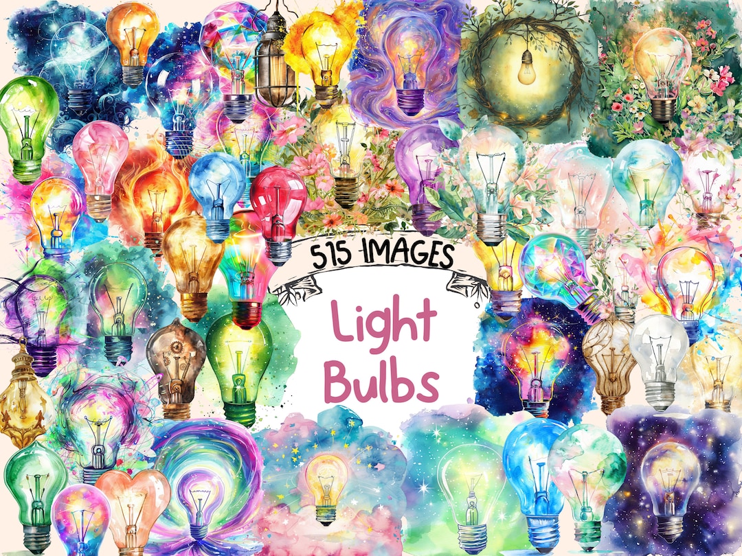 Light Bulbs Watercolor Clipart Bundle - 515 PNG Illuminated Bulb Images ...
