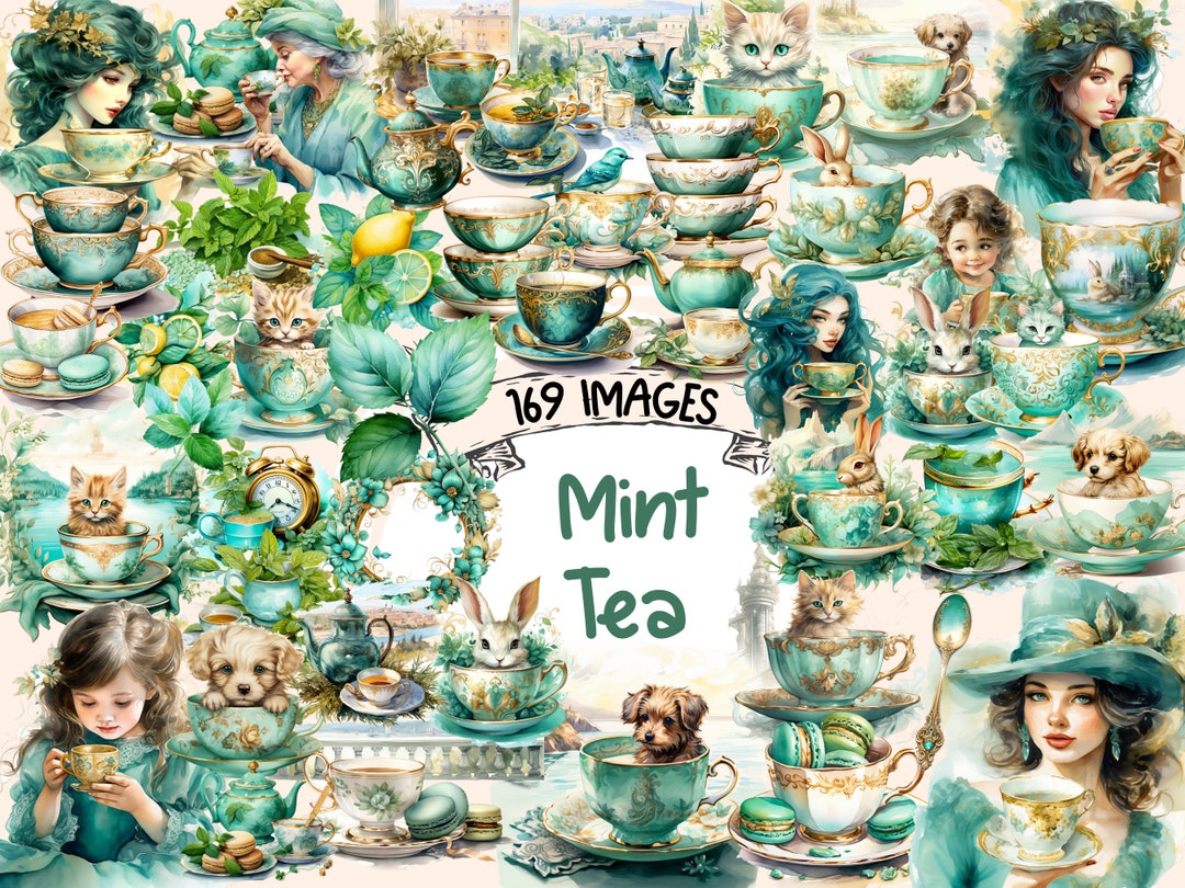 Mint Tea Watercolor Clipart Bundle - 169 PNG Cute Vintage Teacup Images ...