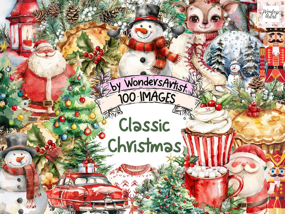 Classic Christmas Watercolor Clipart Bundle - 100 PNG Traditional ...