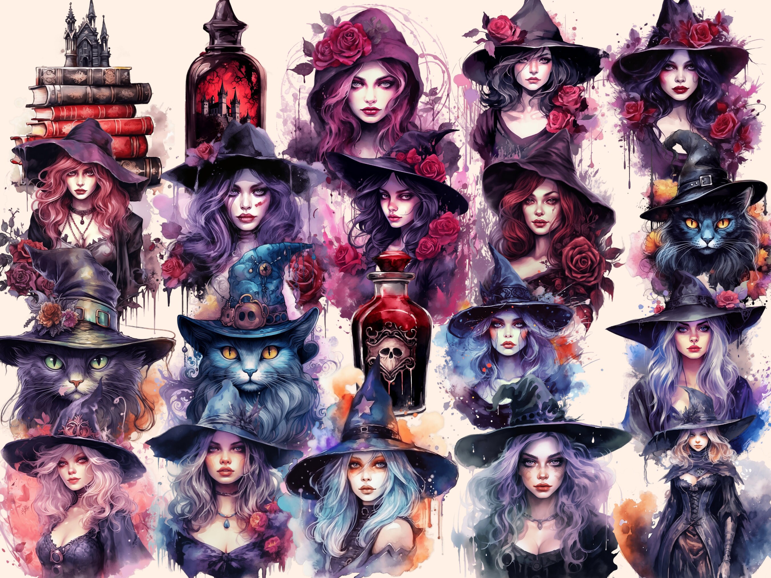 Gothic Witches Watercolor Clipart Bundle: 116 PNG Images (digital ...