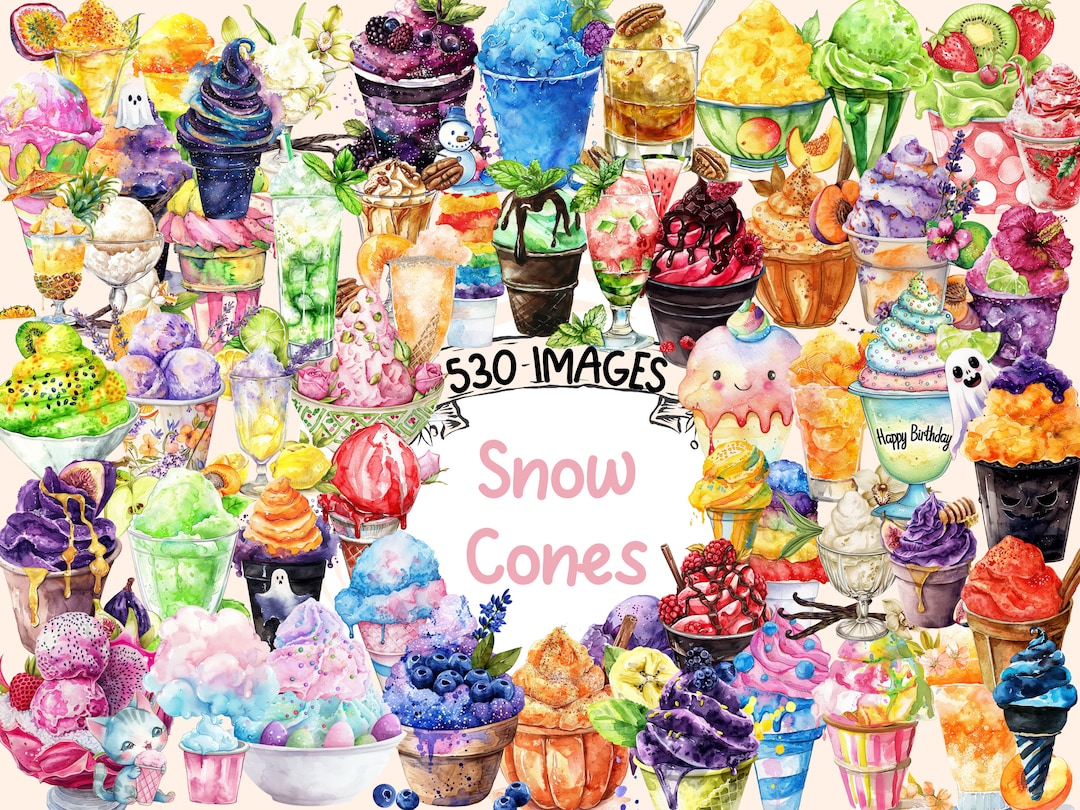 Snow Cones Watercolor Clipart Bundle - 530 PNG Chilled Snow Cone Images ...