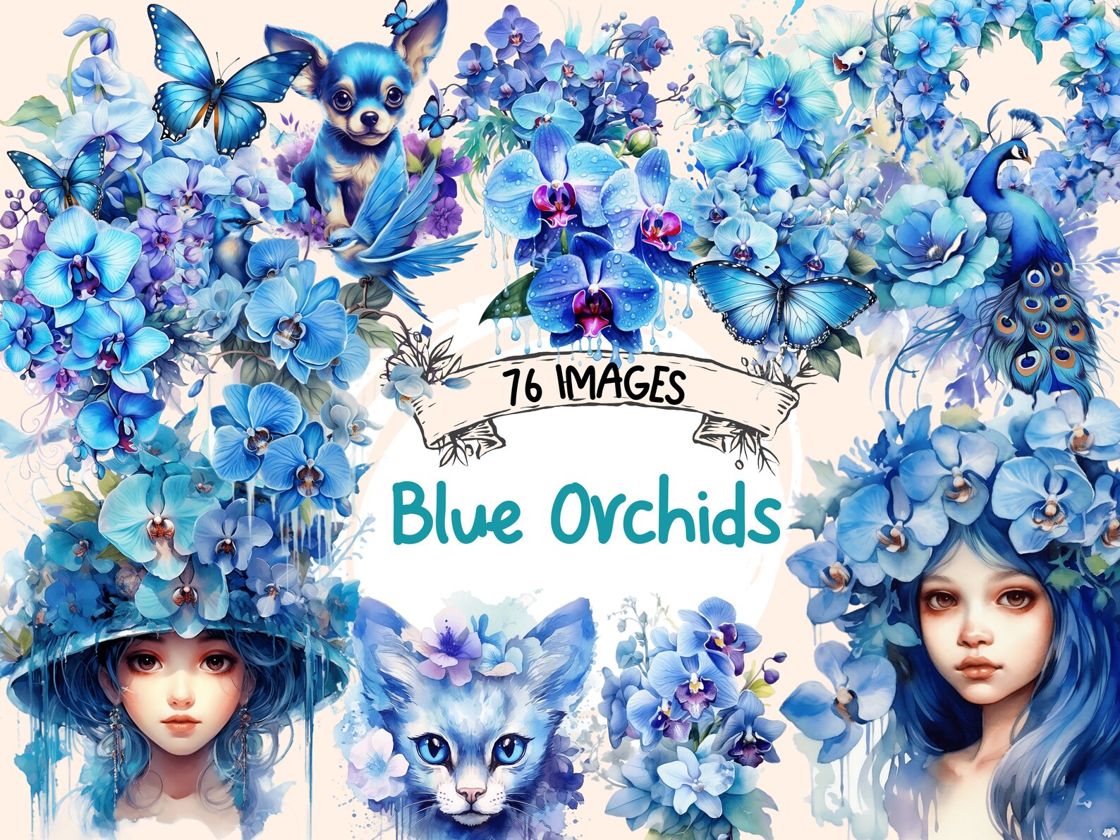 Blue Orchids Watercolor Clipart Bundle: 76 PNG Floral Images (digital ...