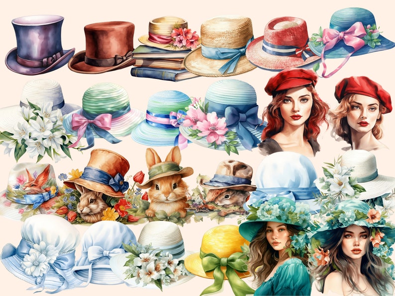 Watercolor Hats Clipart Bundle: 181 PNG Fashion Illustrations (digital ...