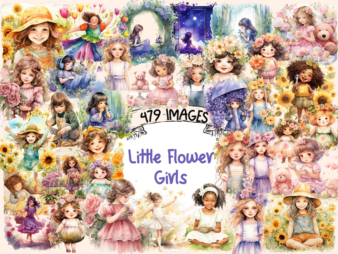 Little Flower Girls Watercolor Clipart Bundle - 479 PNG Young Floral ...
