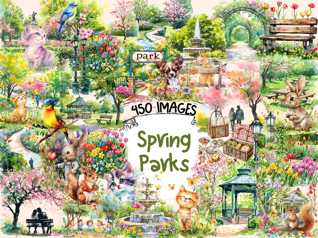 Spring Parks Watercolor Clipart Bundle - 450 PNG Springtime Park Scenes ...