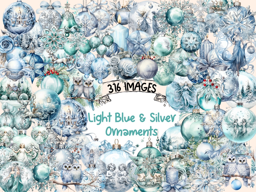 Watercolor Christmas Ornaments Clipart: Light Blue & Silver (digital ...