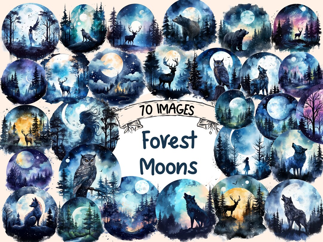 Forest Moons Watercolor Clipart Bundle - 70 PNG Mystical Woodland ...