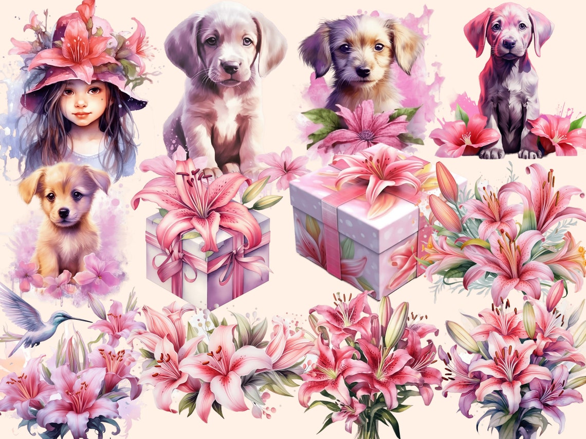 Pink Lilies Watercolor Clipart Bundle: 101 Floral PNG Images (digital ...