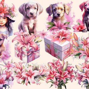 Pink Lilies Watercolor Clipart Bundle - 101 PNG Lily Flower Images ...