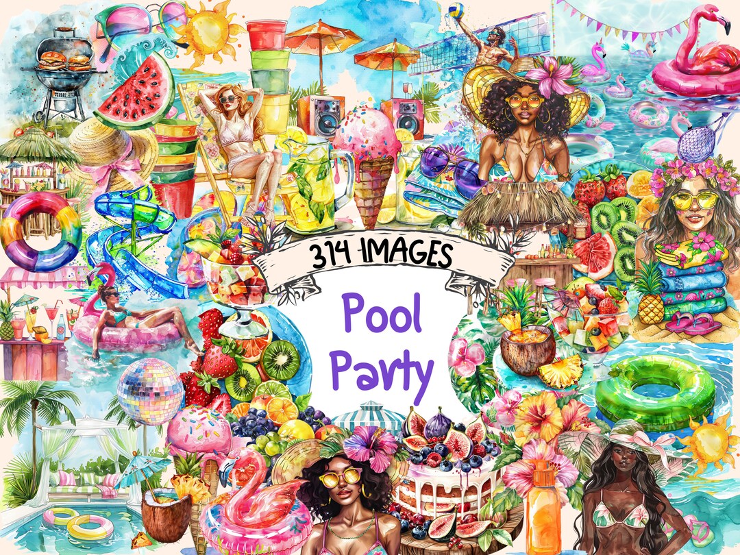 Watercolor Pool Party Clipart Bundle: 314 Summer Graphics (digital ...