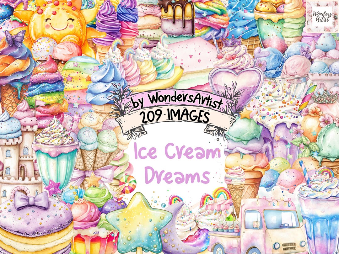 Ice Cream Dreams Watercolor Clipart Bundle - 209 PNG Tasty Dessert ...
