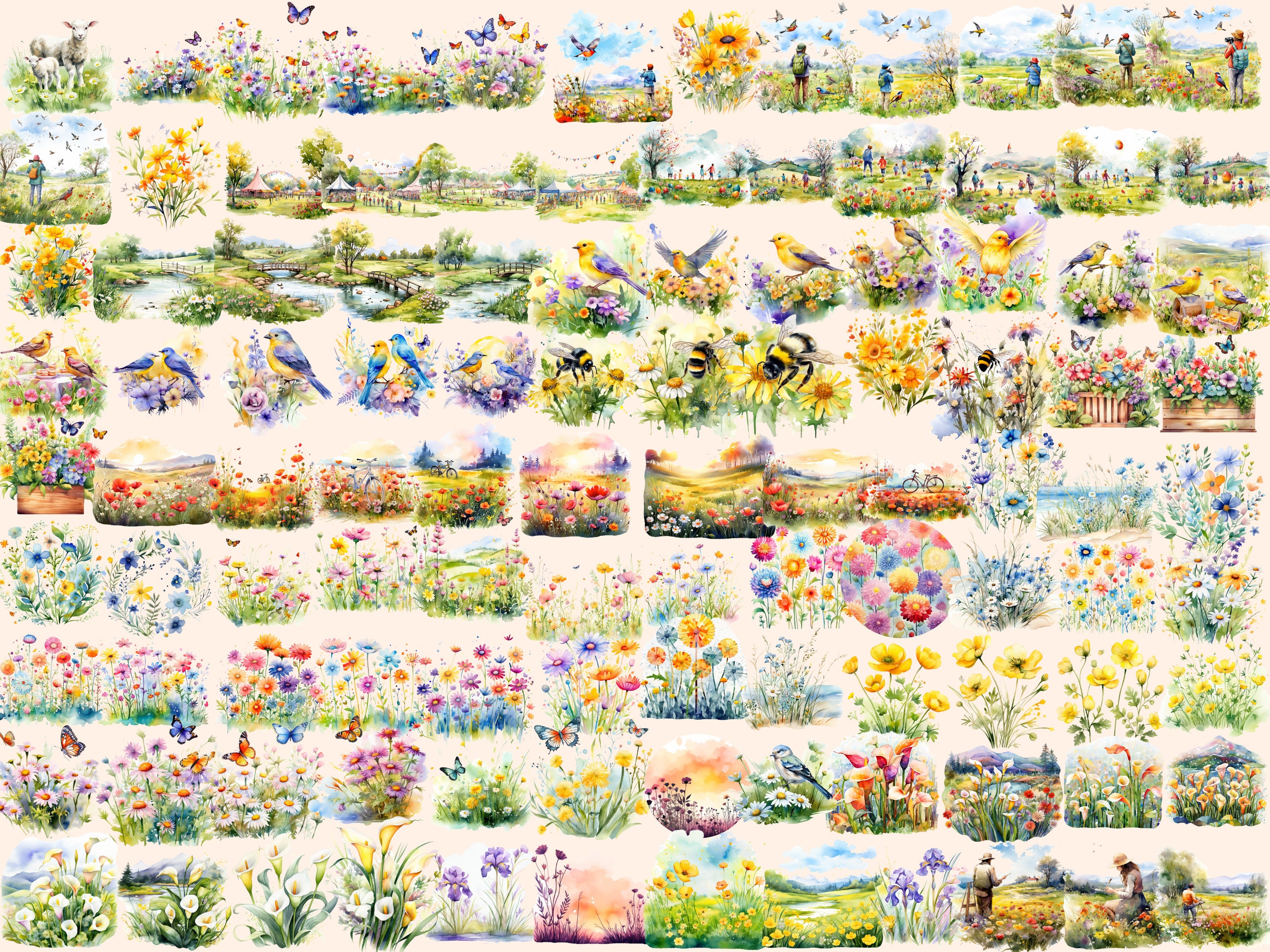 Spring Meadows Watercolor Clipart: 630 PNG Graphics (digital Download ...