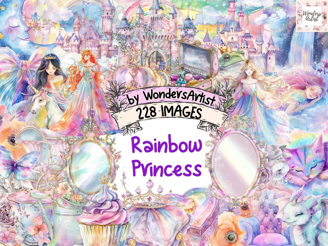 Rainbow Princess Watercolor Clipart Bundle: 228 Fairytale Graphics ...