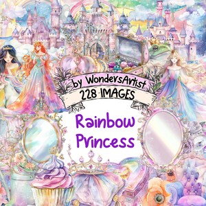 Rainbow Princess Watercolor Clipart Bundle: 228 Fairytale Graphics ...