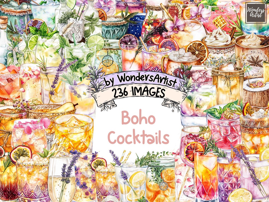 Boho Cocktails Watercolor Clipart - 236 PNG Whimsical Drink Graphics ...