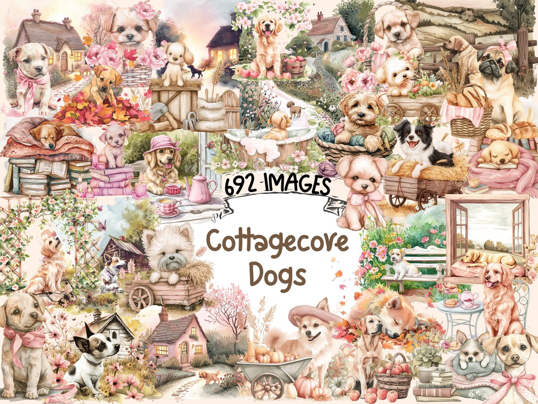 Cottagecore Dogs Watercolor Clipart Bundle - 692 PNG Rustic Dog Images ...