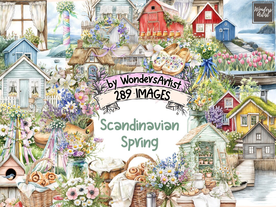 Scandinavian Spring Watercolor Clipart: Nordic Floral Graphics (digital ...