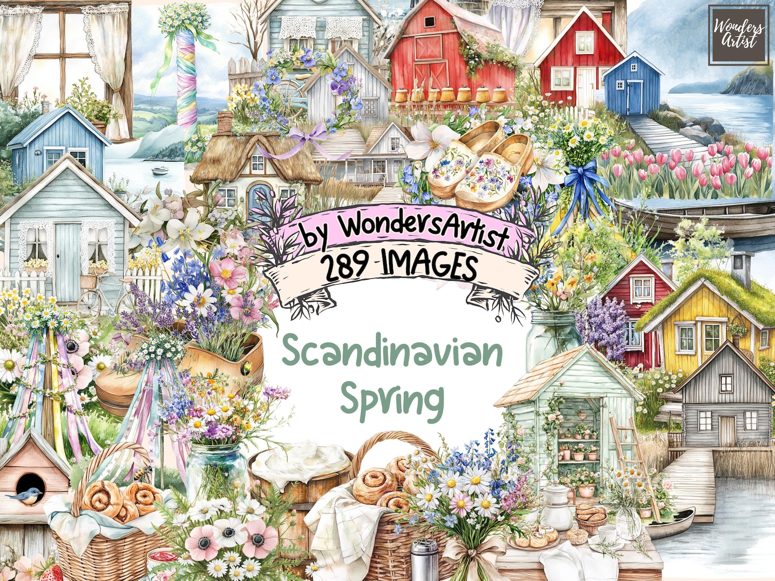Scandinavian Spring Watercolor Clipart: Nordic Floral Graphics (digital ...