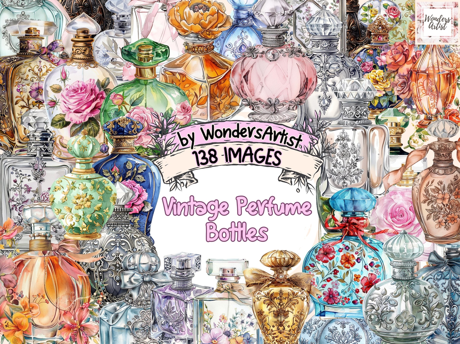 Vintage Perfume Bottles Watercolor Clipart Bundle: 138 PNG Graphics ...