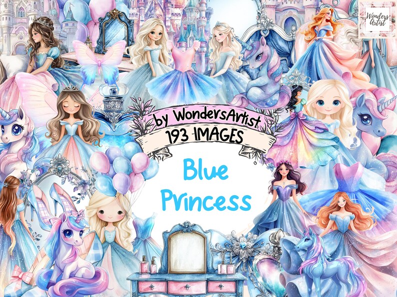 Blue Princess Watercolor Clipart Bundle: 193 Royal Girl Illustrations ...