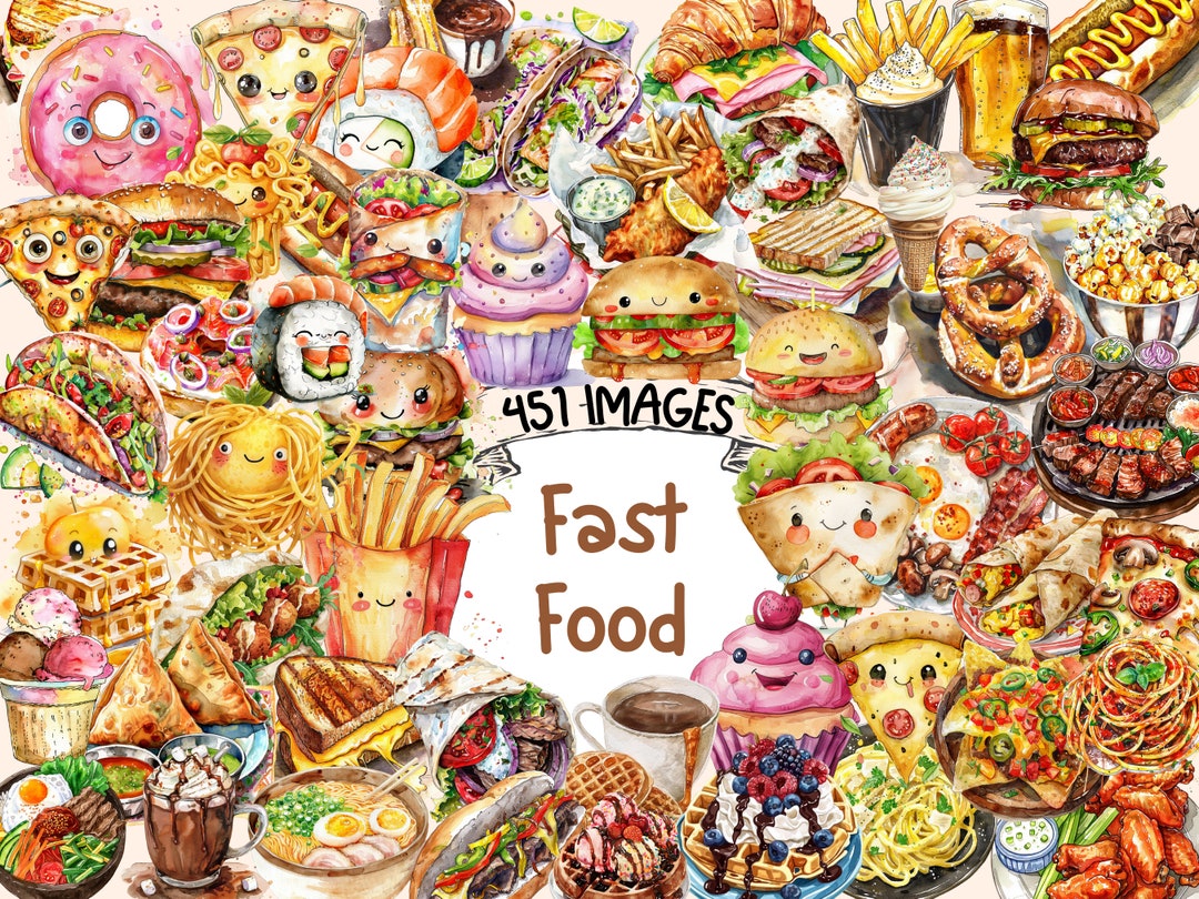 Fast Food Watercolor Clipart Bundle - 451 PNG Tasty Junk Food Images ...