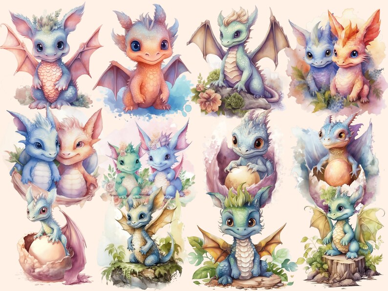 Baby Dragons Watercolor Clipart Bundle 89 Magical Fairytale - Etsy