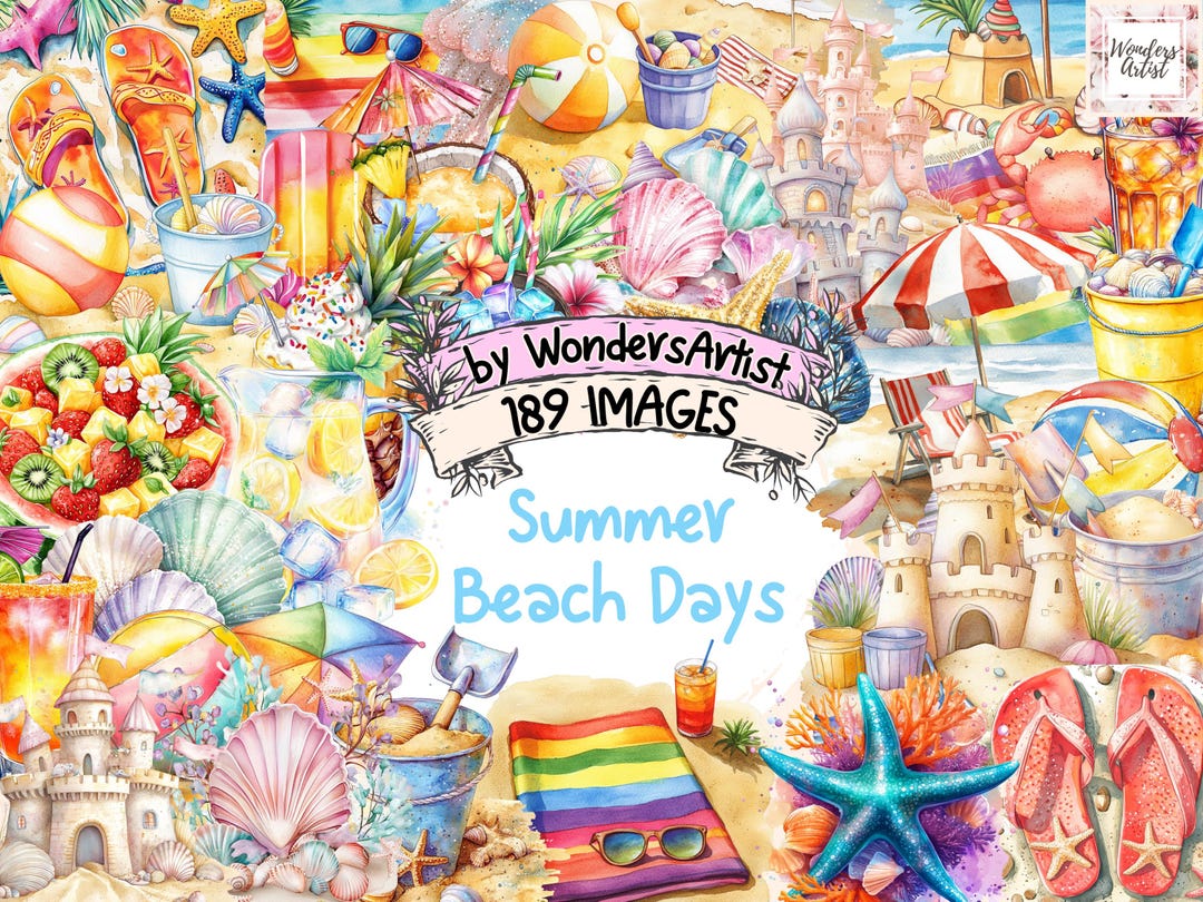 Summer Beach Days Watercolor Clipart Bundle - 189 PNG Sunny Images ...
