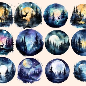 Forest Moons Watercolor Clipart Bundle - 70 PNG Mystical Woodland ...