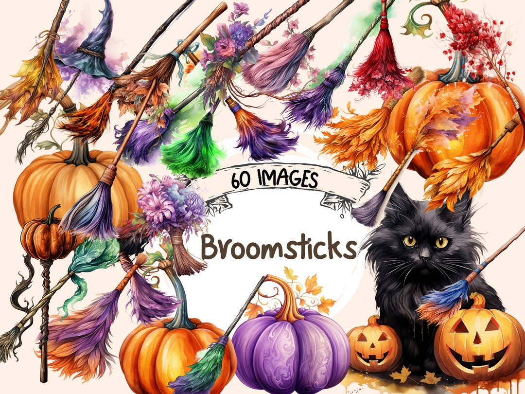 Broomsticks Watercolor Clipart Bundle - 60 PNG Fairytale Images ...