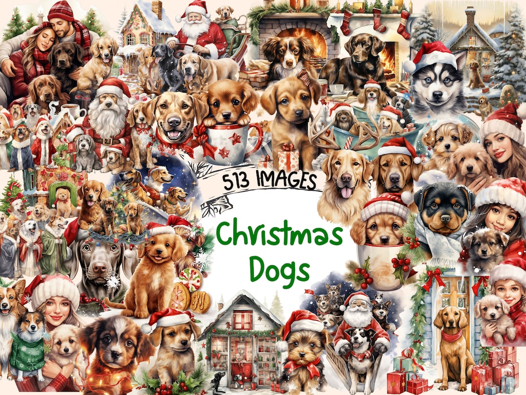 Christmas Dogs Watercolor Clipart Bundle 513 PNG Festive Dog Images ...
