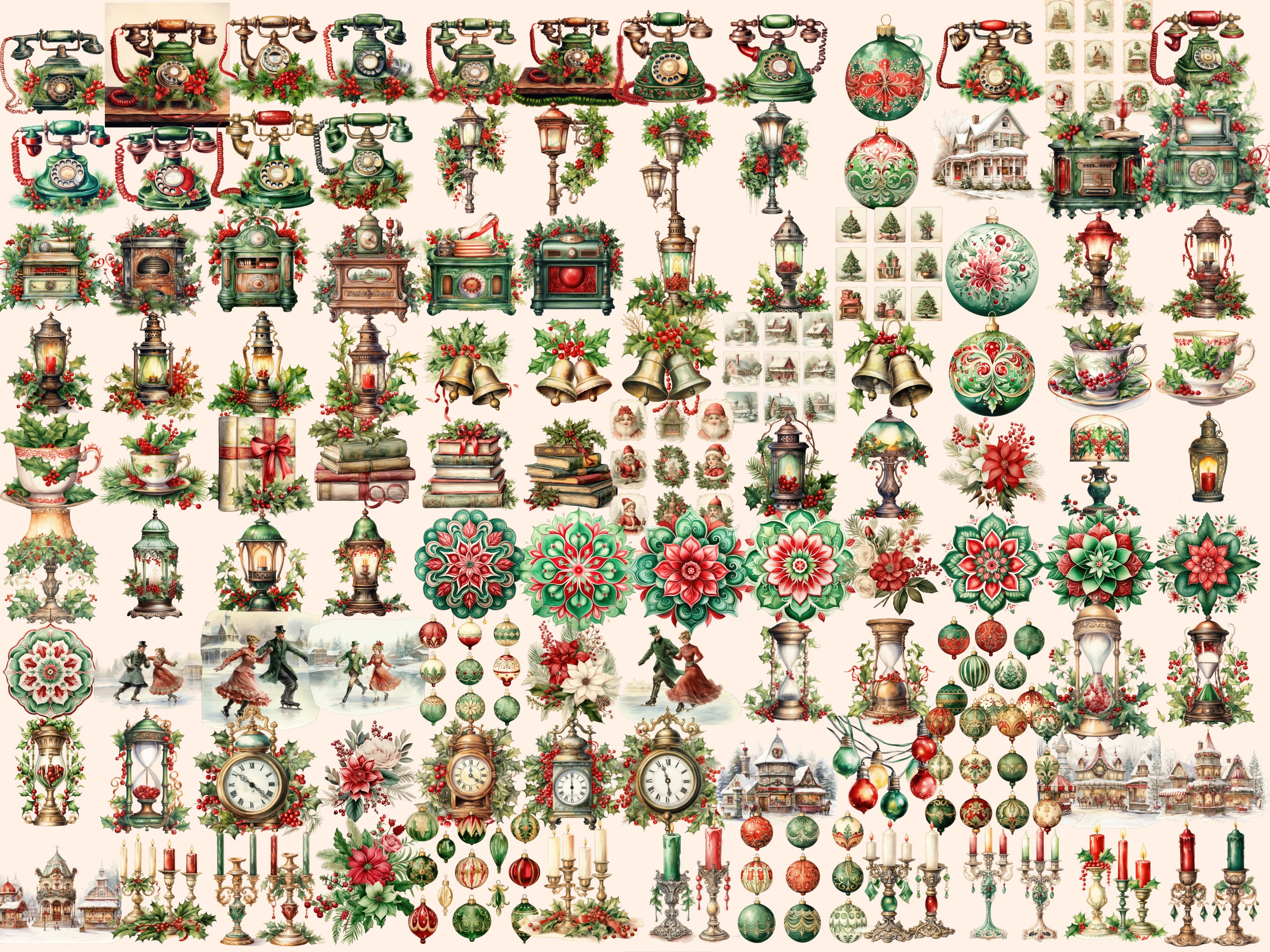 Christmas Antiques Watercolor Clipart Bundle: 518 Vintage Holiday ...