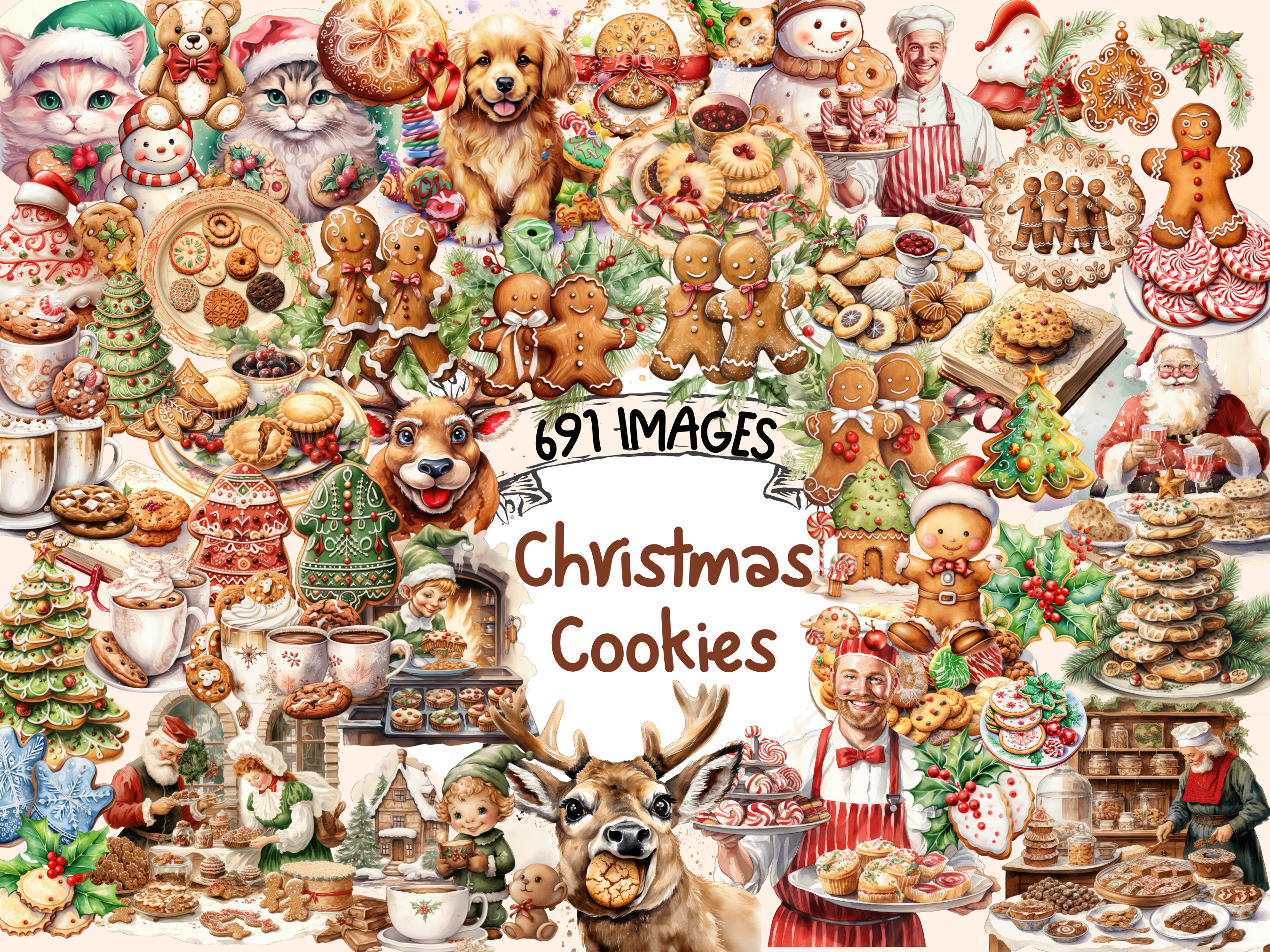 Christmas Cookies Watercolor Clipart Bundle: 691 PNG Images (digital ...