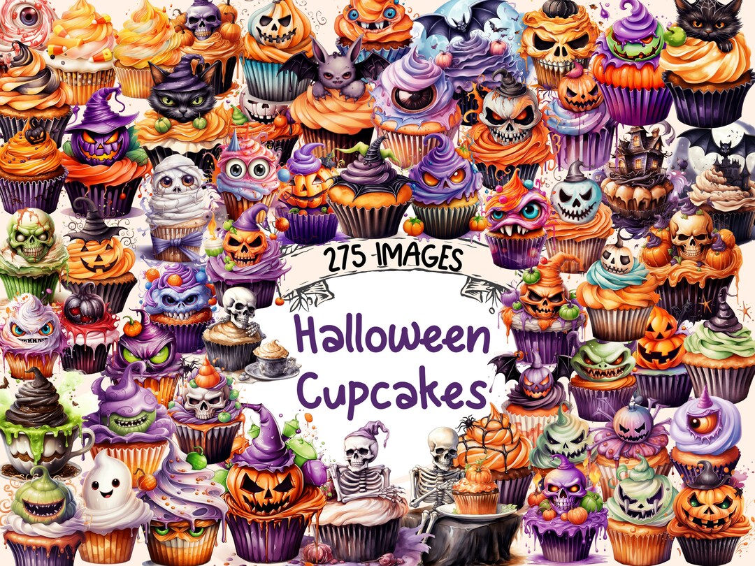 Halloween Cupcakes Watercolor Clipart: 275 Spooky Dessert PNG Images ...