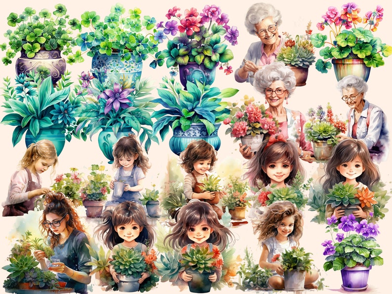 Watercolor Potted Plants Clipart Bundle: 124 PNG Graphics (digital ...